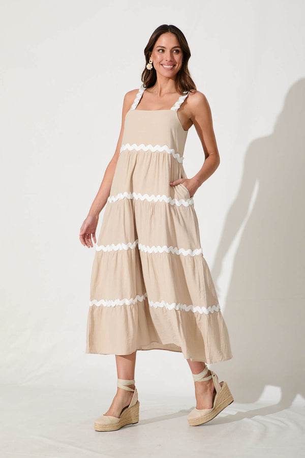 Hara Maxi Sundress In Beige With White Ric Rac Trim Cotton – St Frock