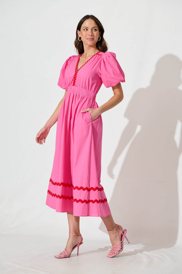Indi Maxi Dress In Pink With Red Ric Rac Trim Cotton – St Frock