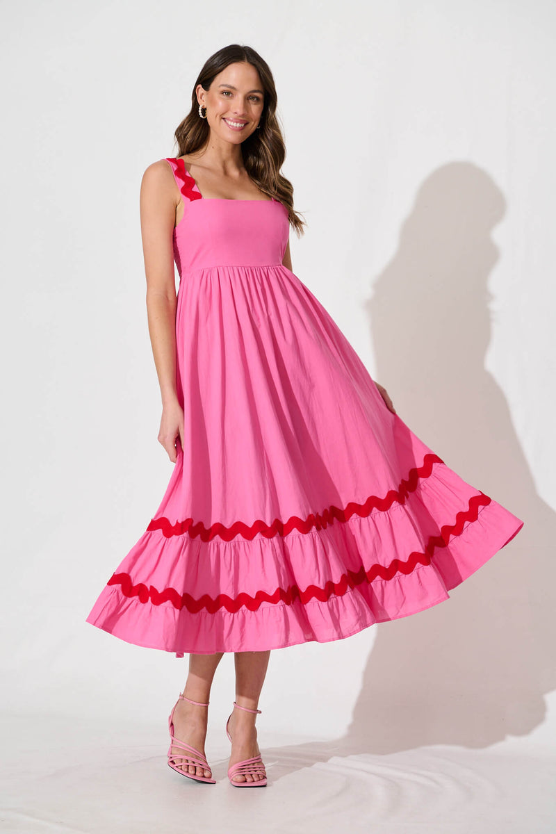 Idol Midi Sundress In Pink With Red Ric Rac Trim Cotton – St Frock