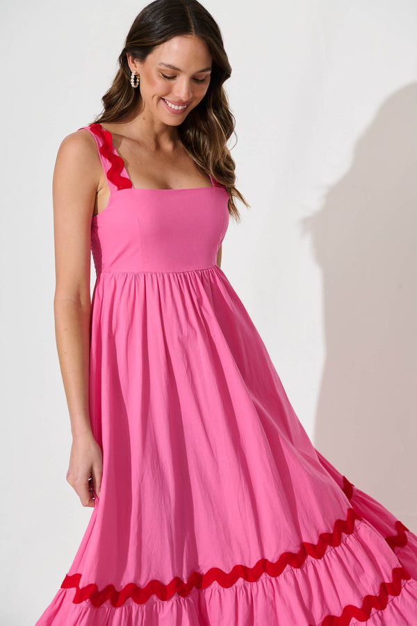 Idol Midi Sundress In Pink With Red Ric Rac Trim Cotton – St Frock