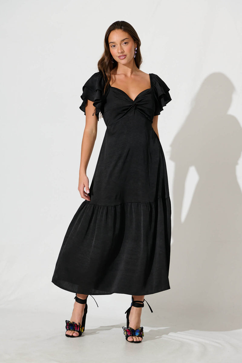 Constantine Maxi Dress In Black Crinkle Satin – St Frock