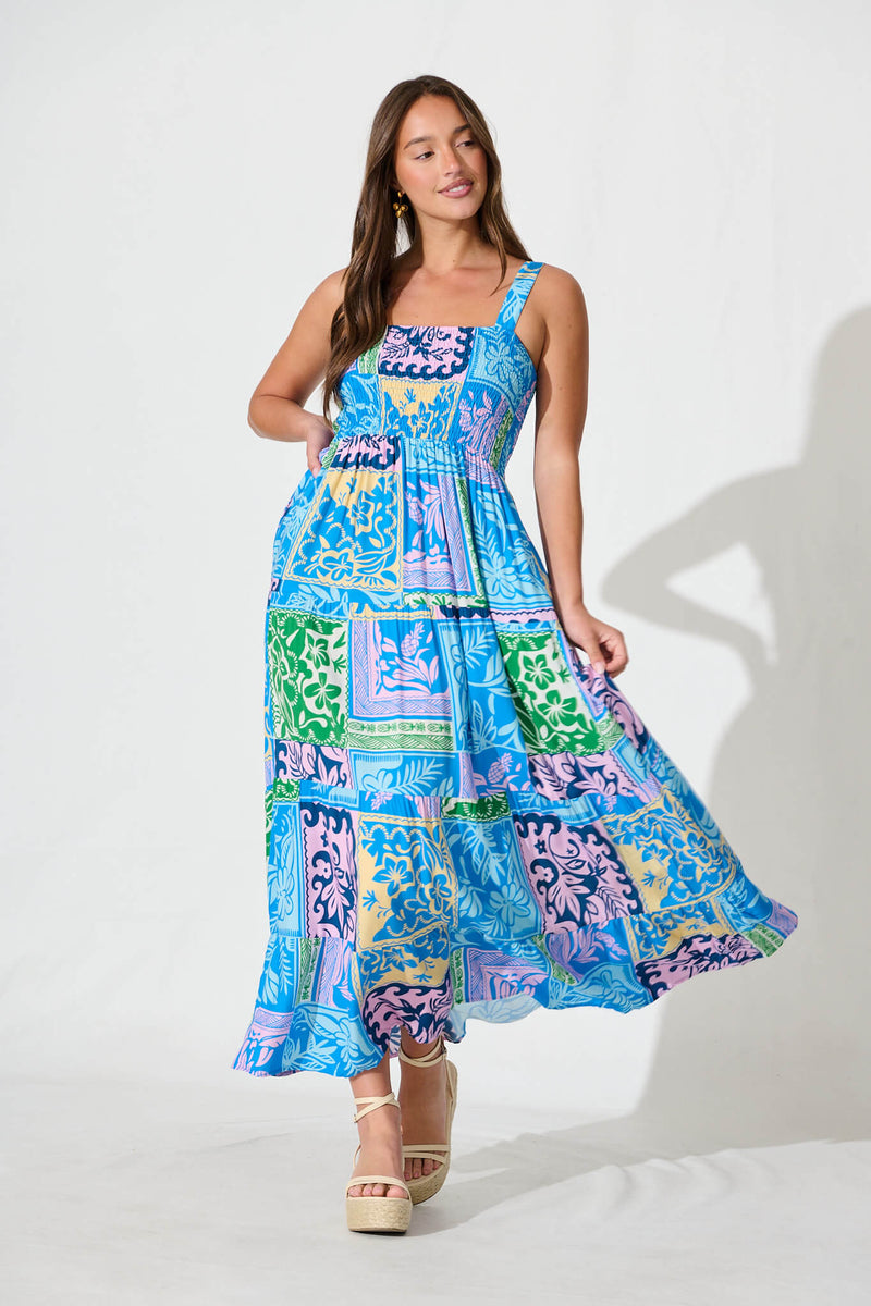 Panola Maxi Sundress In Blue With Multi Tile Print – St Frock