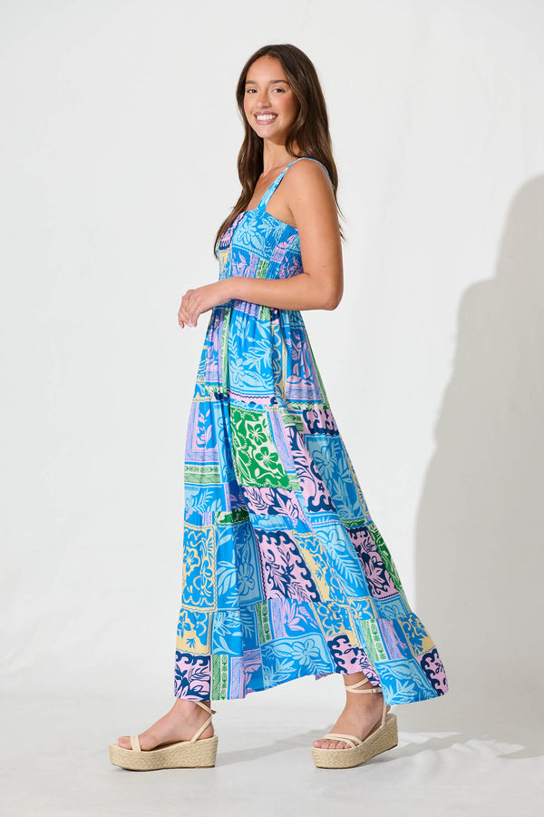 Panola Maxi Sundress In Blue With Multi Tile Print – St Frock