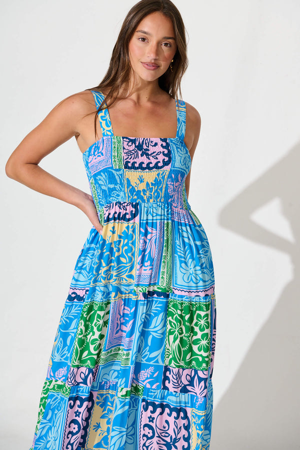 Panola Maxi Sundress In Blue With Multi Tile Print – St Frock