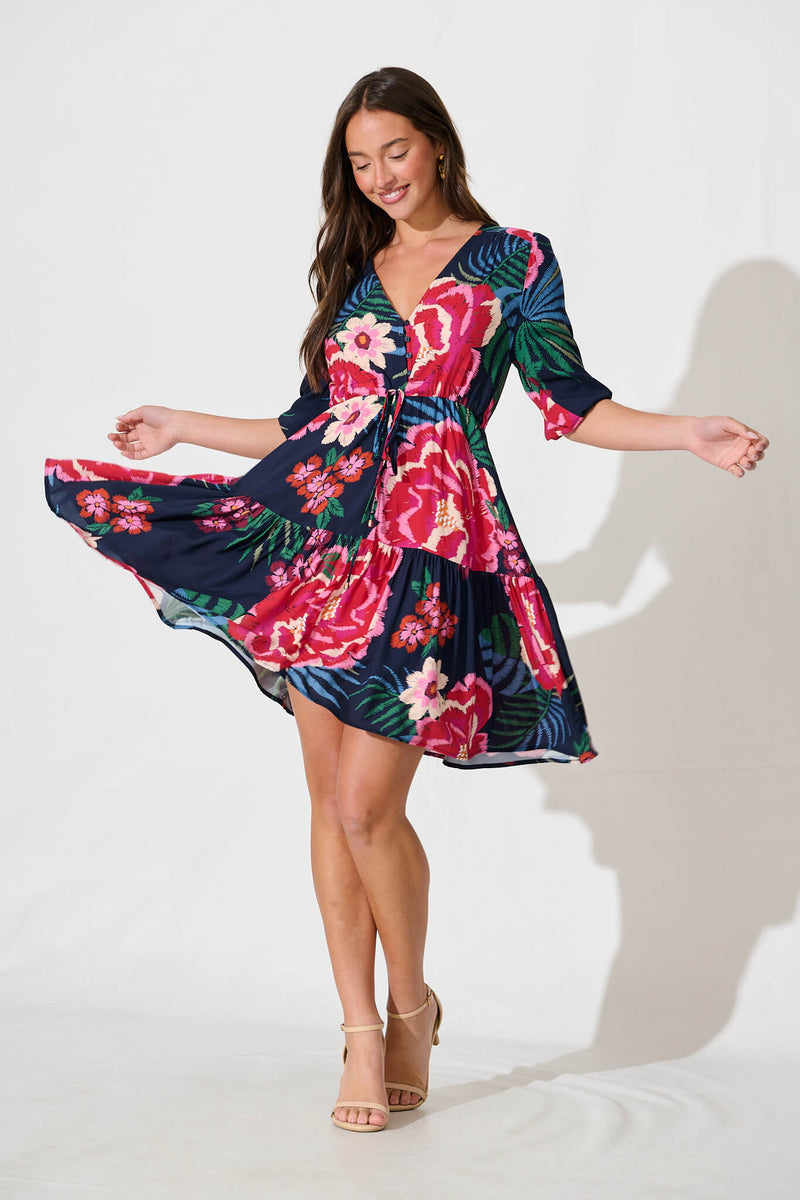 Apollo Dress In Navy With Red Floral Print – St Frock