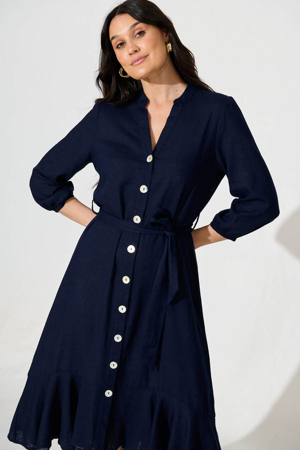 Heartland Midi Dress In Navy Linen Blend – St Frock