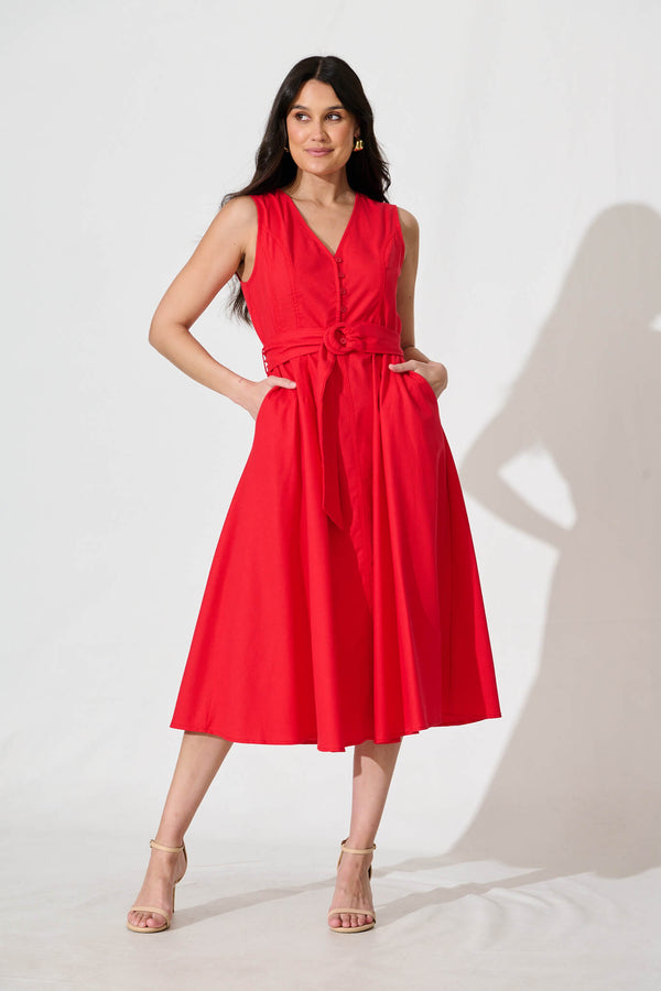 Iliya Midi Dress in Red Cotton Linen – St Frock