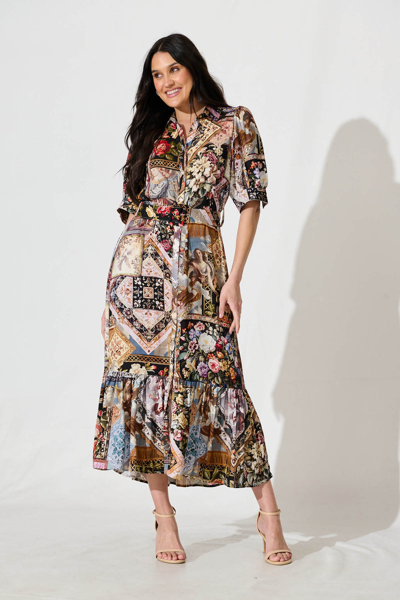 Allyna Midi Shirt Dress in Black Multi Patchwork – St Frock