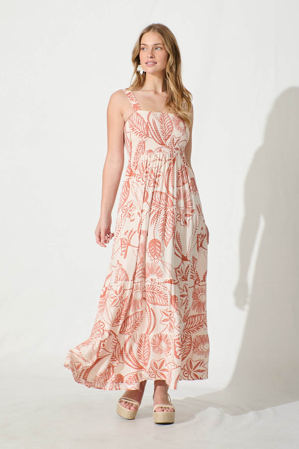 Panola Maxi Sundress in Cream with Rust Print – St Frock