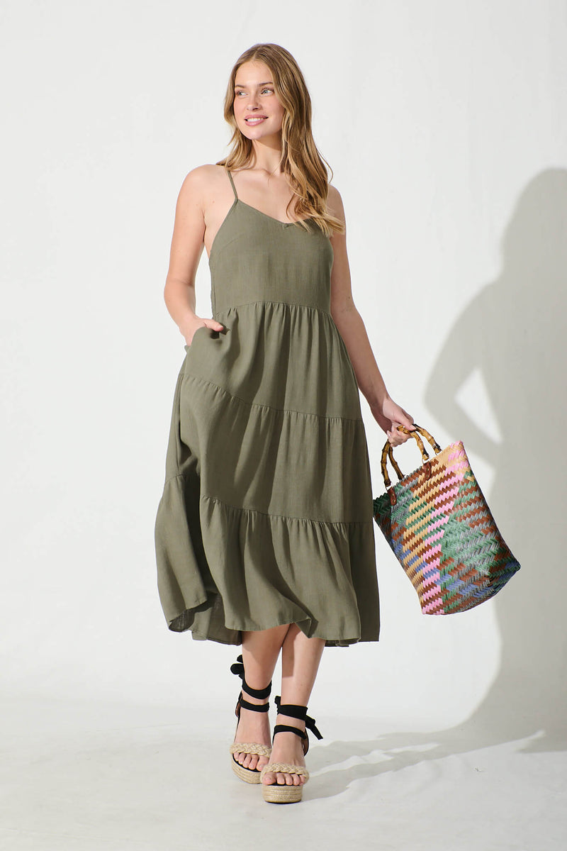 Utopia Midi Sundress in Khaki Linen Blend – St Frock