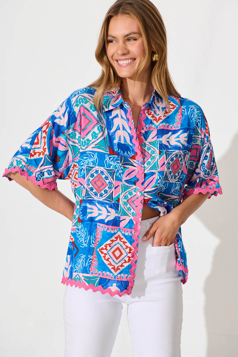 Dream Girl Shirt in Pink and Blue Multi with Ric Rac Trim – St Frock