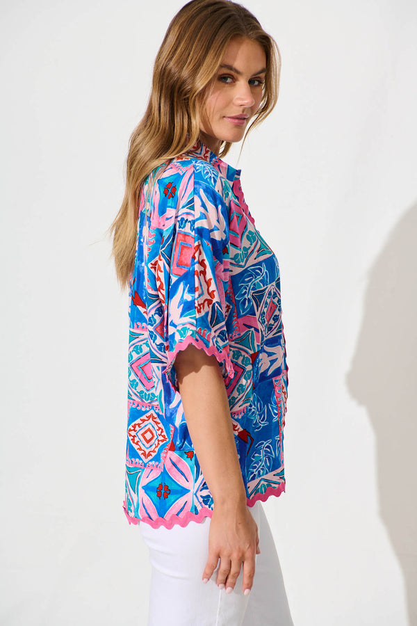 Dream Girl Shirt in Pink and Blue Multi with Ric Rac Trim – St Frock