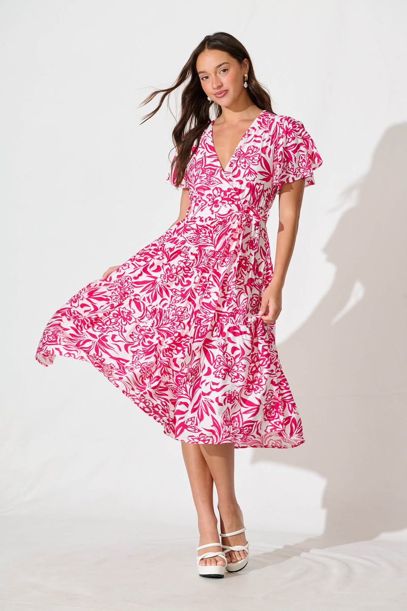 Kristianne Midi Dress In White With Pink Floral – St Frock