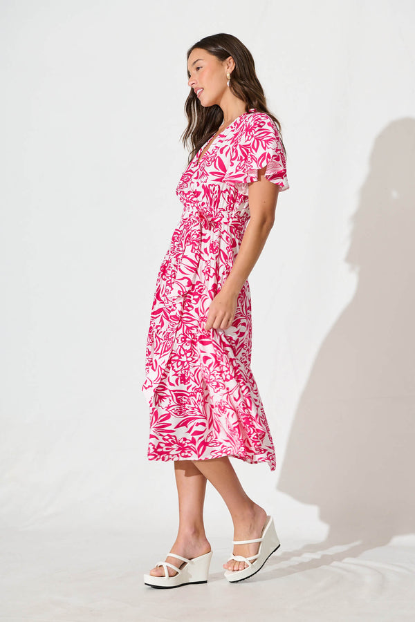 Kristianne Midi Dress In White With Pink Floral – St Frock