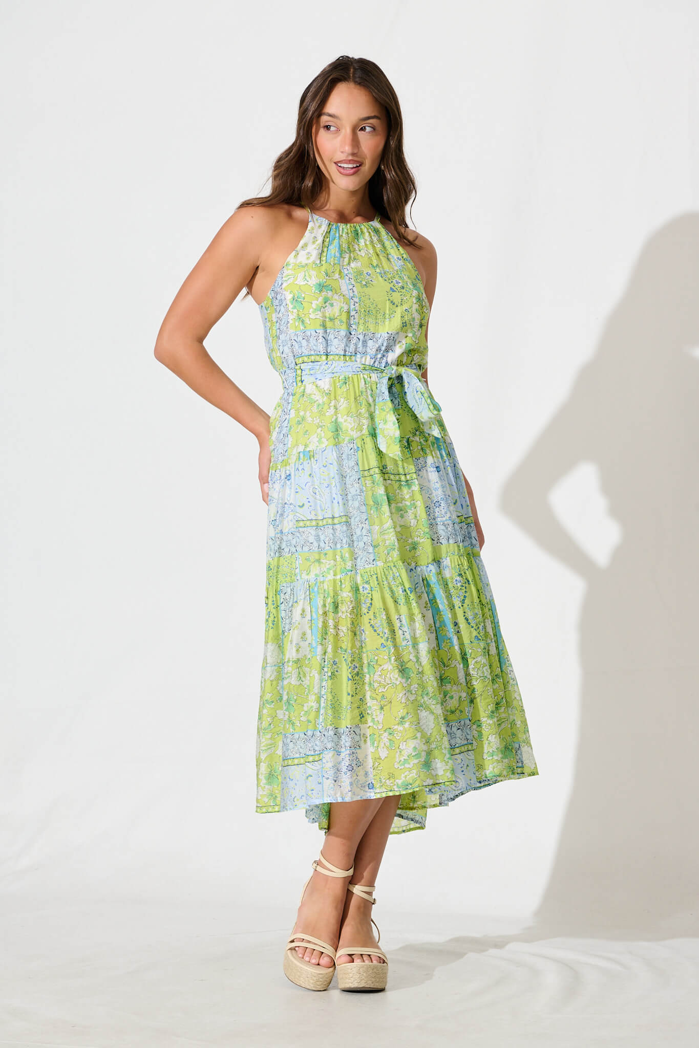 Besiana Midi Halter Neck Dress in Green Multi Patchwork – St Frock