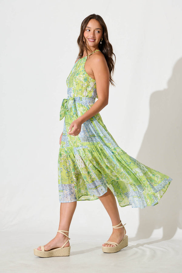 Besiana Midi Halter Neck Dress in Green Multi Patchwork – St Frock