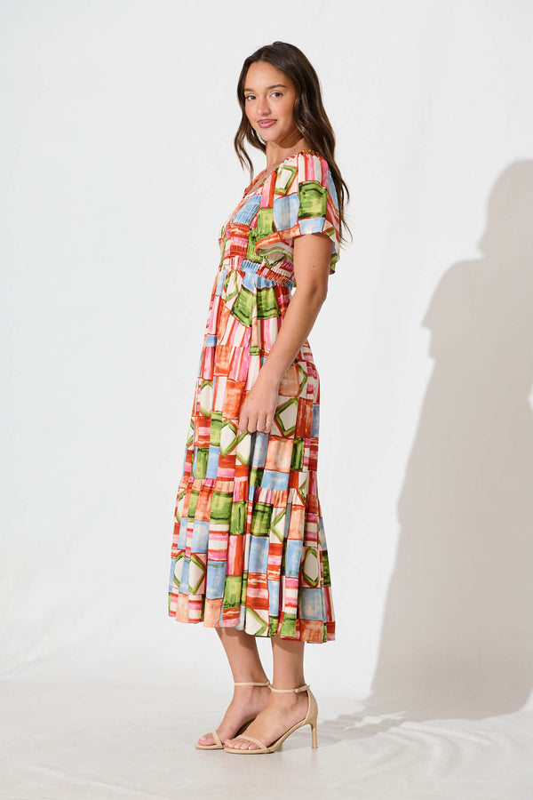 Jessica Midi Dress in Rust Multi Squares Print – St Frock