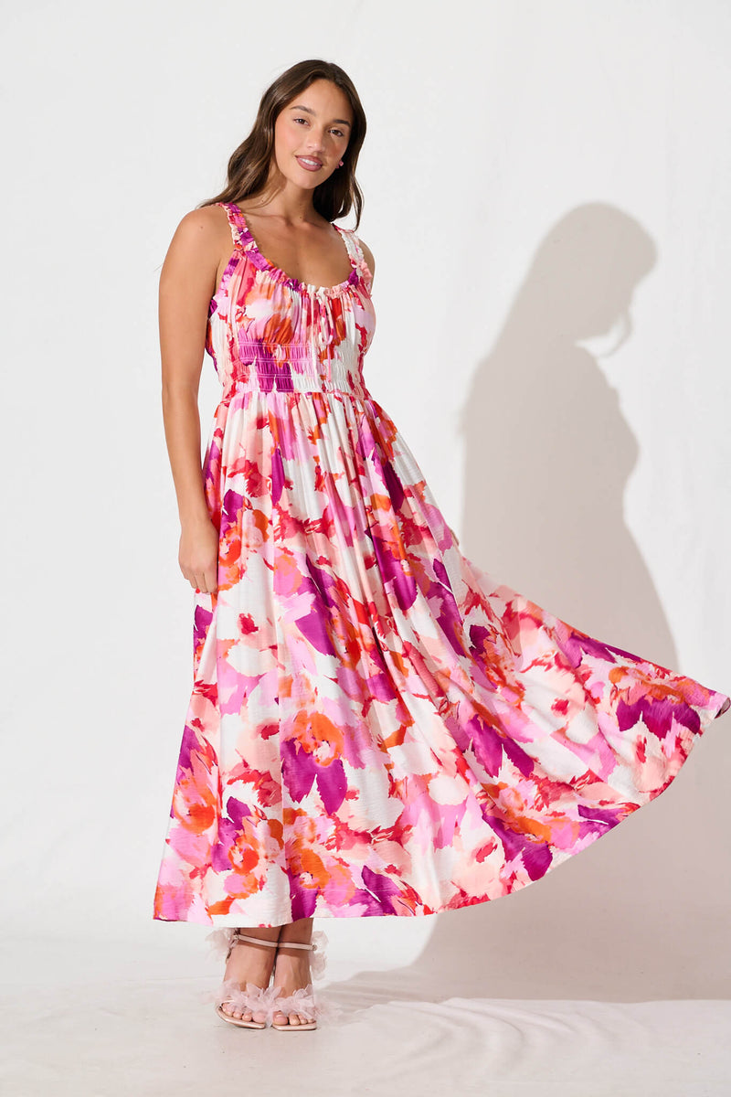 Valentina Maxi Sundress in White With Pink Multi Floral – St Frock