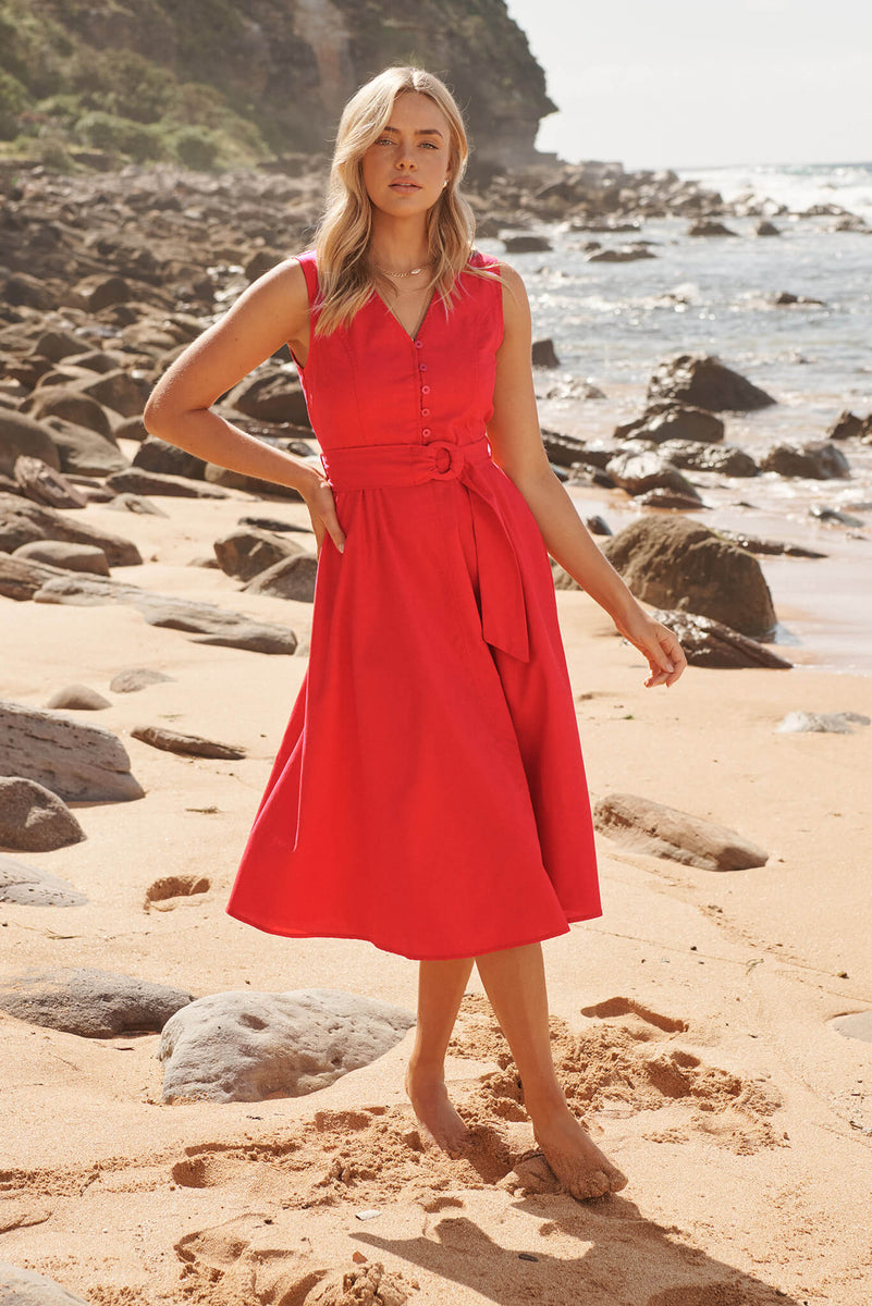 Iliya Midi Dress in Red Cotton Linen – St Frock