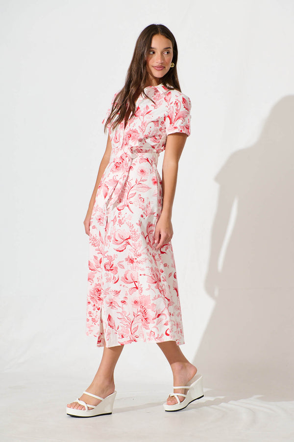 Delphi Midi Shirt Dress in White with Red Floral Cotton – St Frock