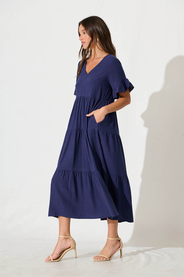 Kristen Midi Smock Dress In Navy Linen Blend – St Frock