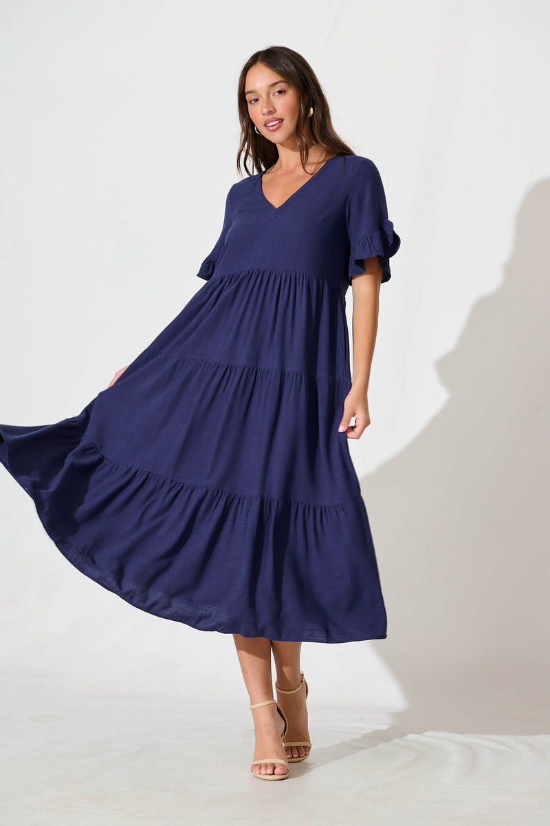 Kristen Midi Smock Dress In Navy Linen Blend – St Frock