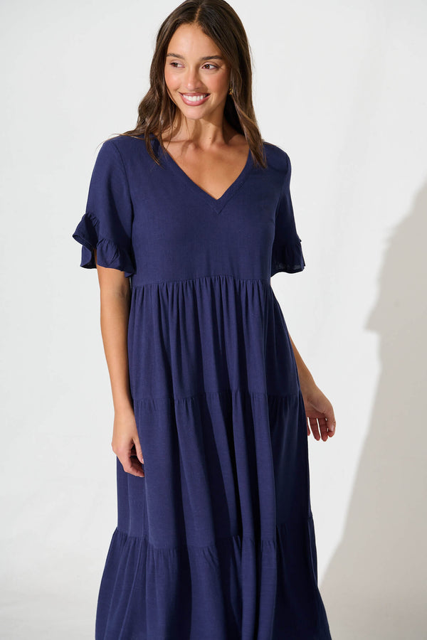 Kristen Midi Smock Dress In Navy Linen Blend – St Frock