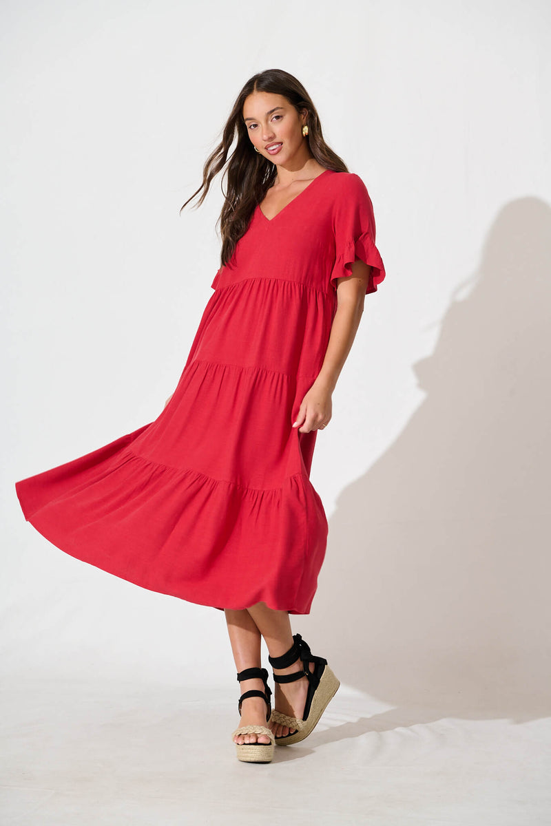 Kristen Midi Smock Dress In Red Linen Blend – St Frock