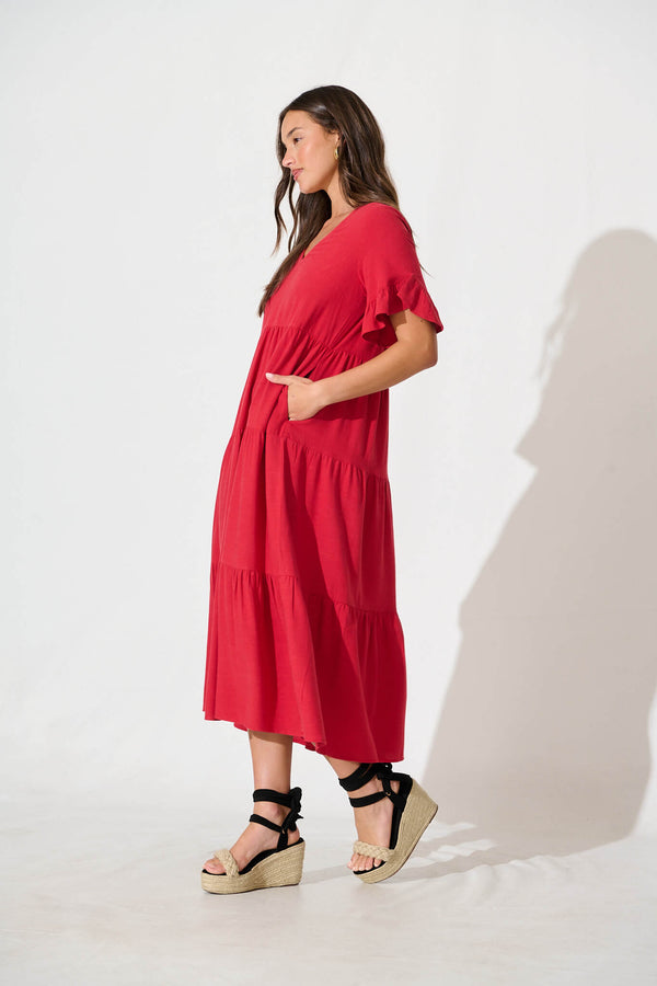 Kristen Midi Smock Dress In Red Linen Blend – St Frock