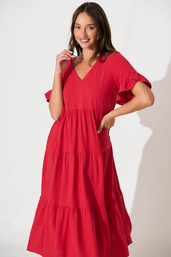 Kristen Midi Smock Dress In Red Linen Blend – St Frock