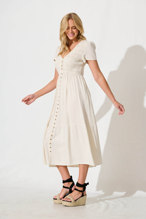 Zenith Midi Dress in Oatmeal Linen Blend – St Frock