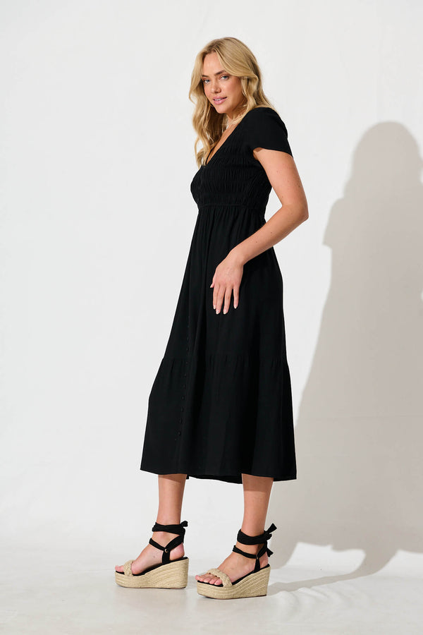 Zenith Midi Dress in Black Linen Blend – St Frock