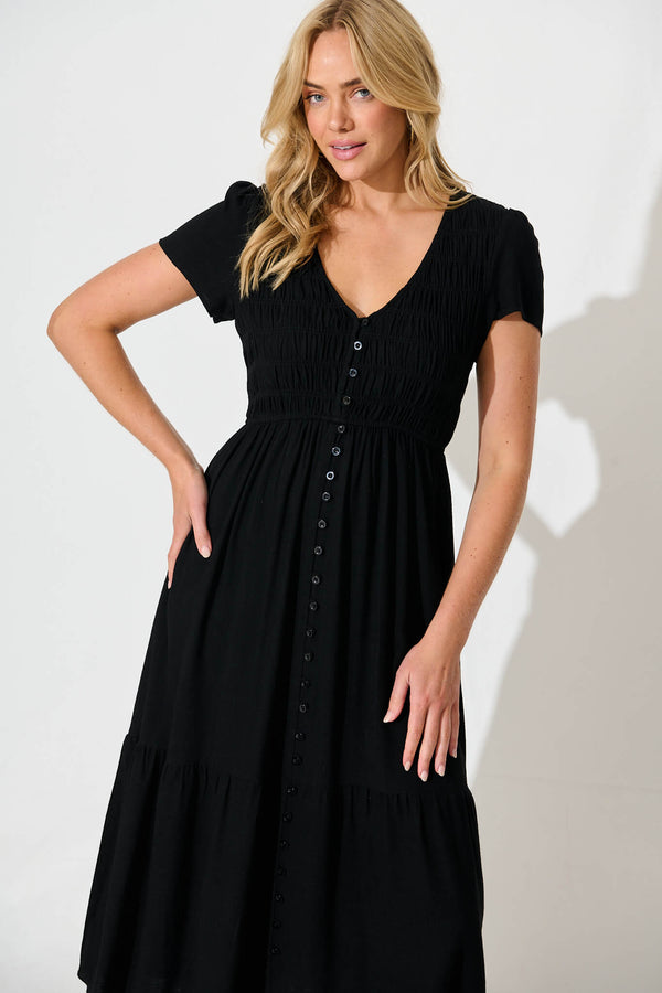 Zenith Midi Dress in Black Linen Blend – St Frock