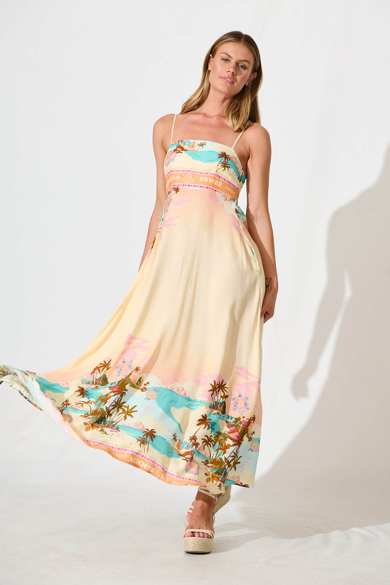 Willa Maxi Sundress in Beige with Multi Summer Print – St Frock