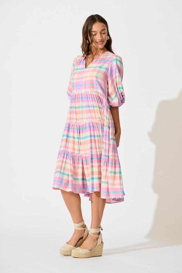 Kehlana Tiered Smock Dress In Pink Check – St Frock