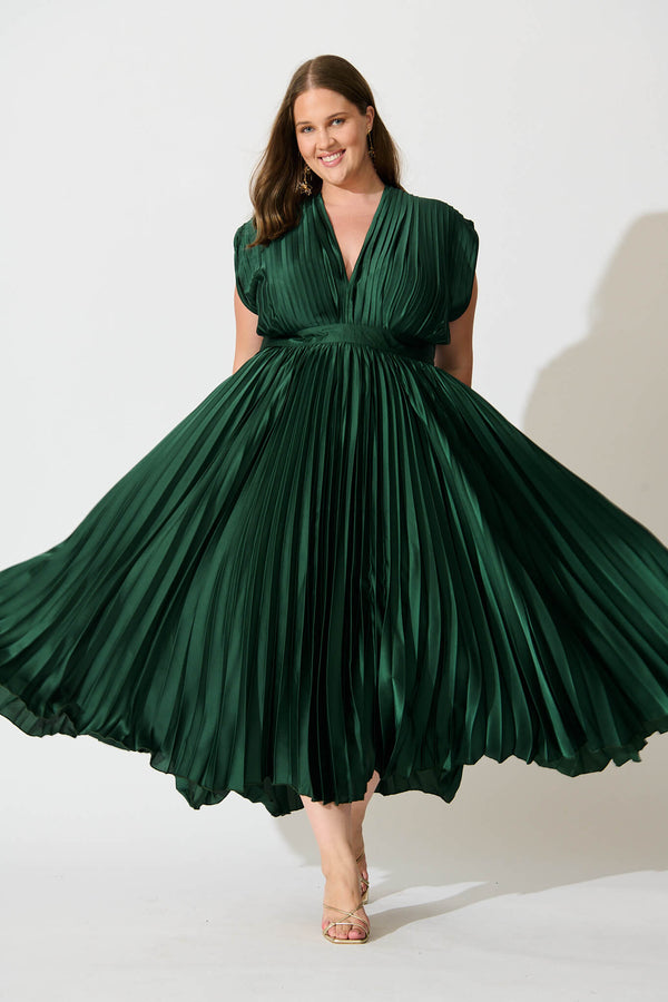 Anetta Midi Dress In Pleated Emerald Satin – St Frock