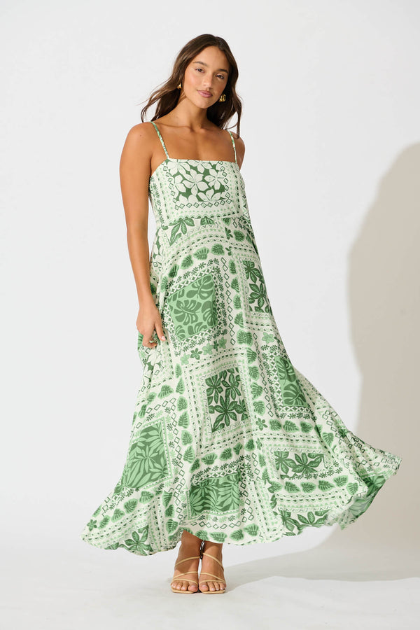 Camryn Maxi Sundress In Cream and Green Tile Print – St Frock