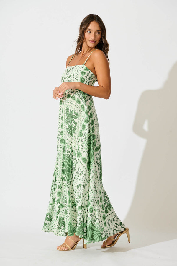 Camryn Maxi Sundress In Cream and Green Tile Print – St Frock