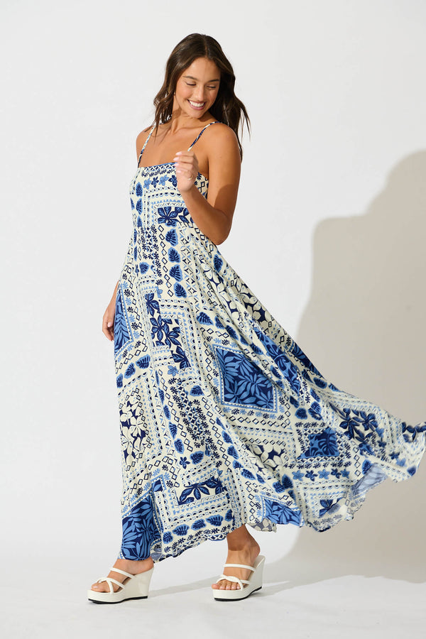 Camryn Maxi Sundress In Cream and Navy Tile Print – St Frock