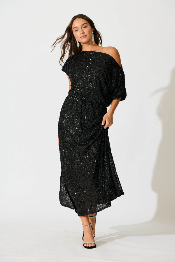 Amiri Off Shoulder Maxi Dress in Black Sequin – St Frock