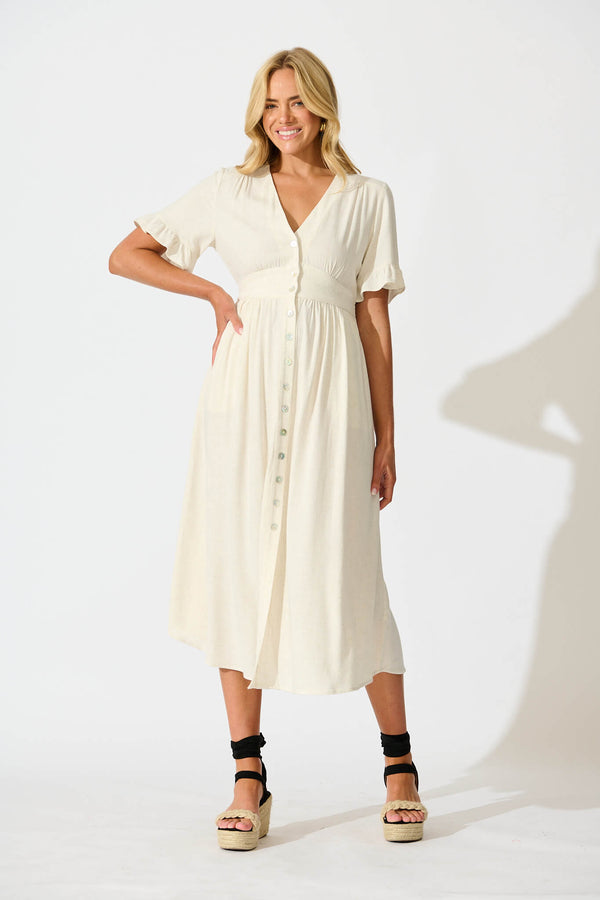 Daysia Midi Dress in Oatmeal Linen Blend – St Frock