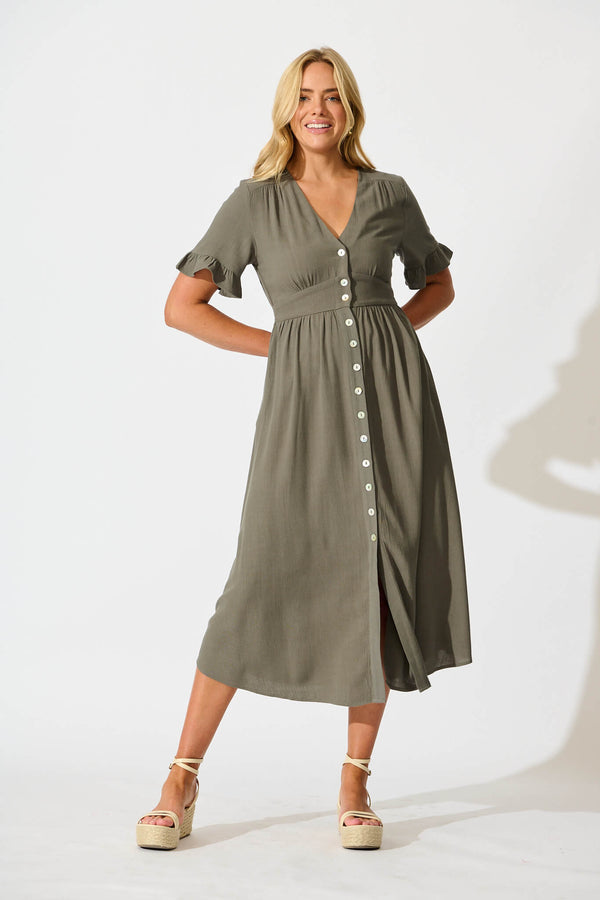 Daysia Midi Dress in Khaki Linen Blend – St Frock