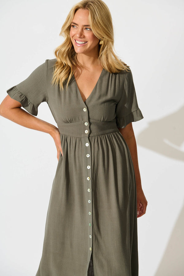Daysia Midi Dress in Khaki Linen Blend – St Frock