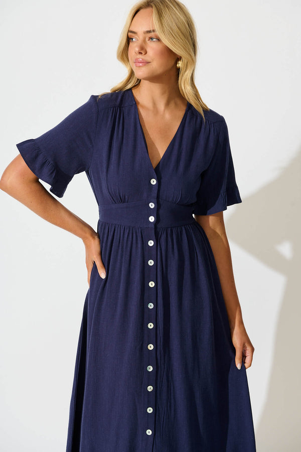 Daysia Midi Dress in Navy Linen Blend – St Frock