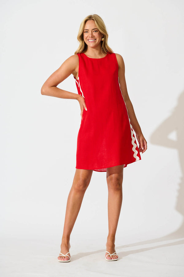 Dana Dress in Red With White Ric Rac Trim Linen Blend – St Frock