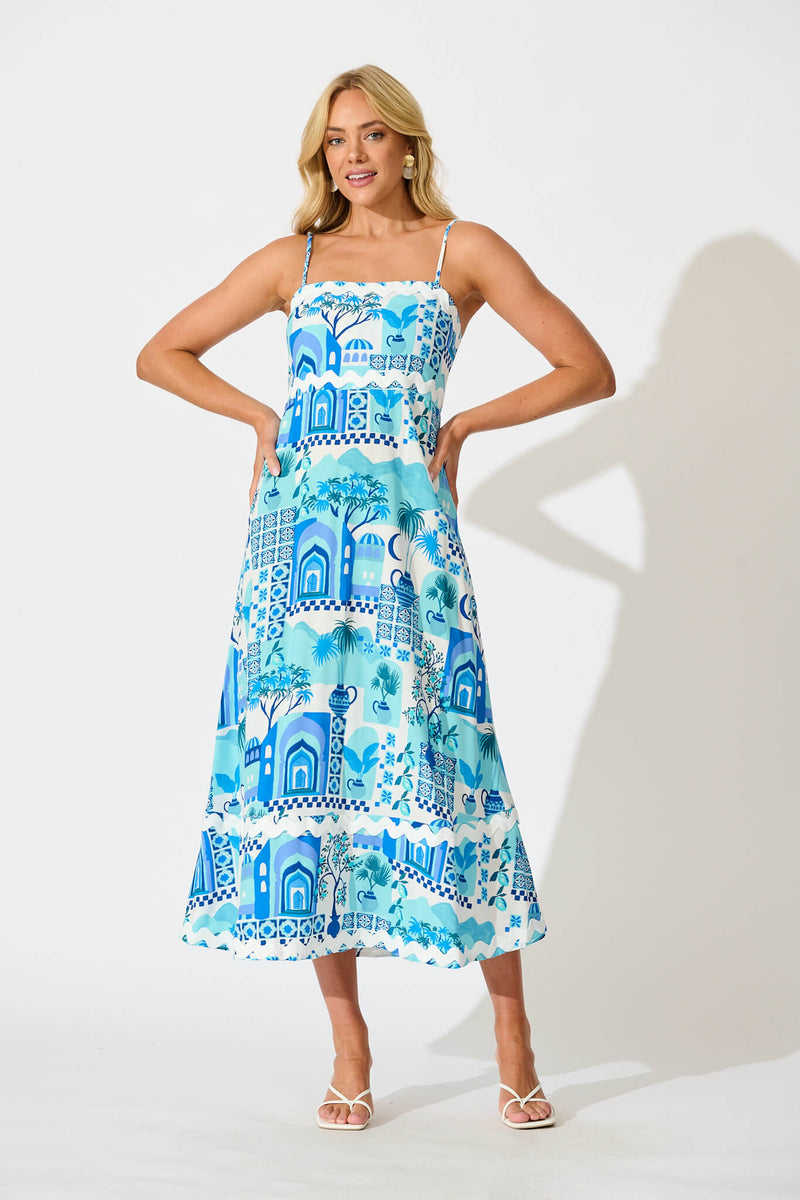 Treviso Maxi Sundress In Blue Multi with Ric Rac Trim – St Frock