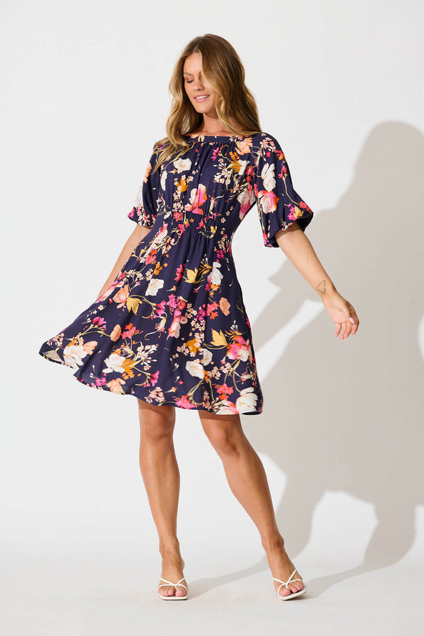 Whitney Dress In Navy with Multi Floral – St Frock