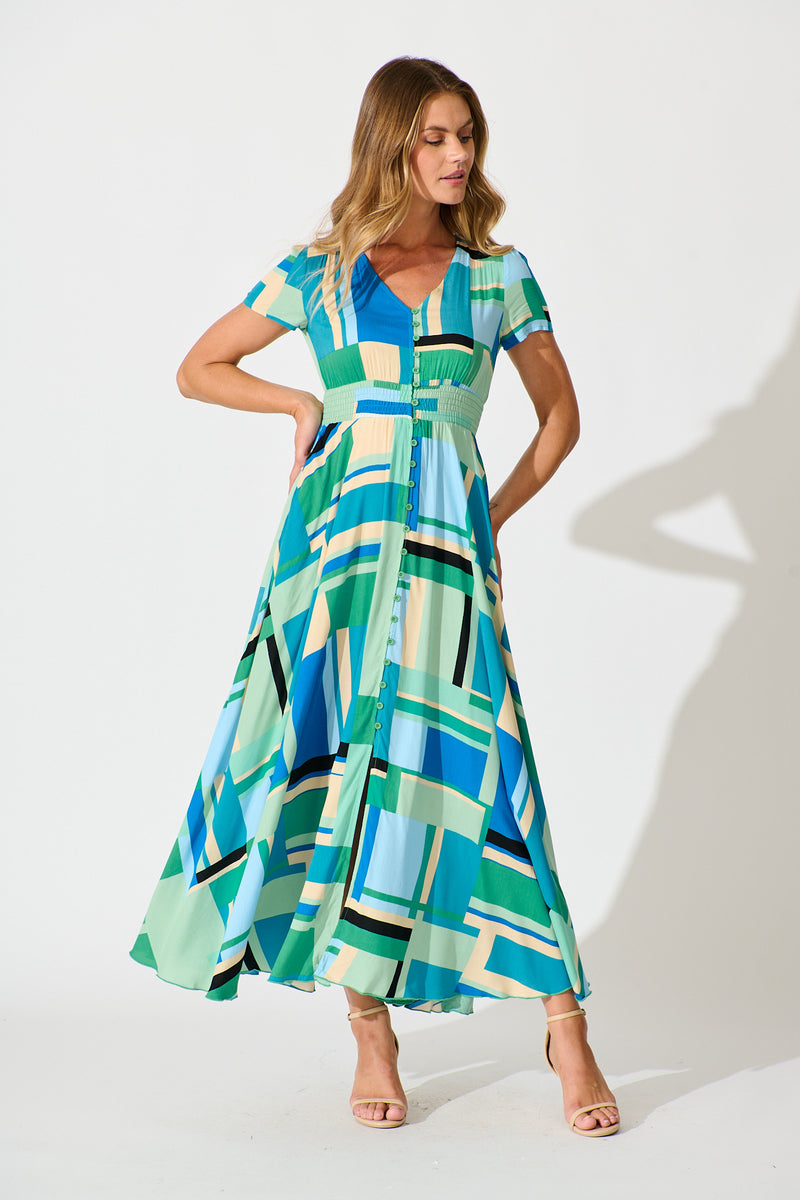 Mylee Maxi Dress in Blue with Green Geometric – St Frock