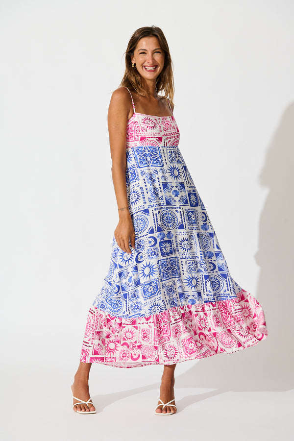 Jenna Maxi Sundress in Pink and Blue Tile Print – St Frock