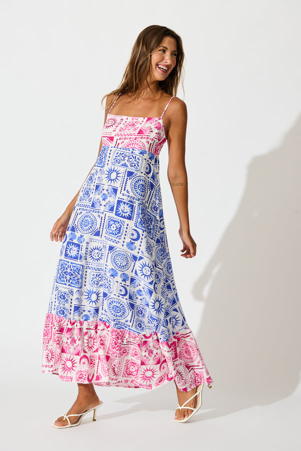 Jenna Maxi Sundress in Pink and Blue Tile Print – St Frock